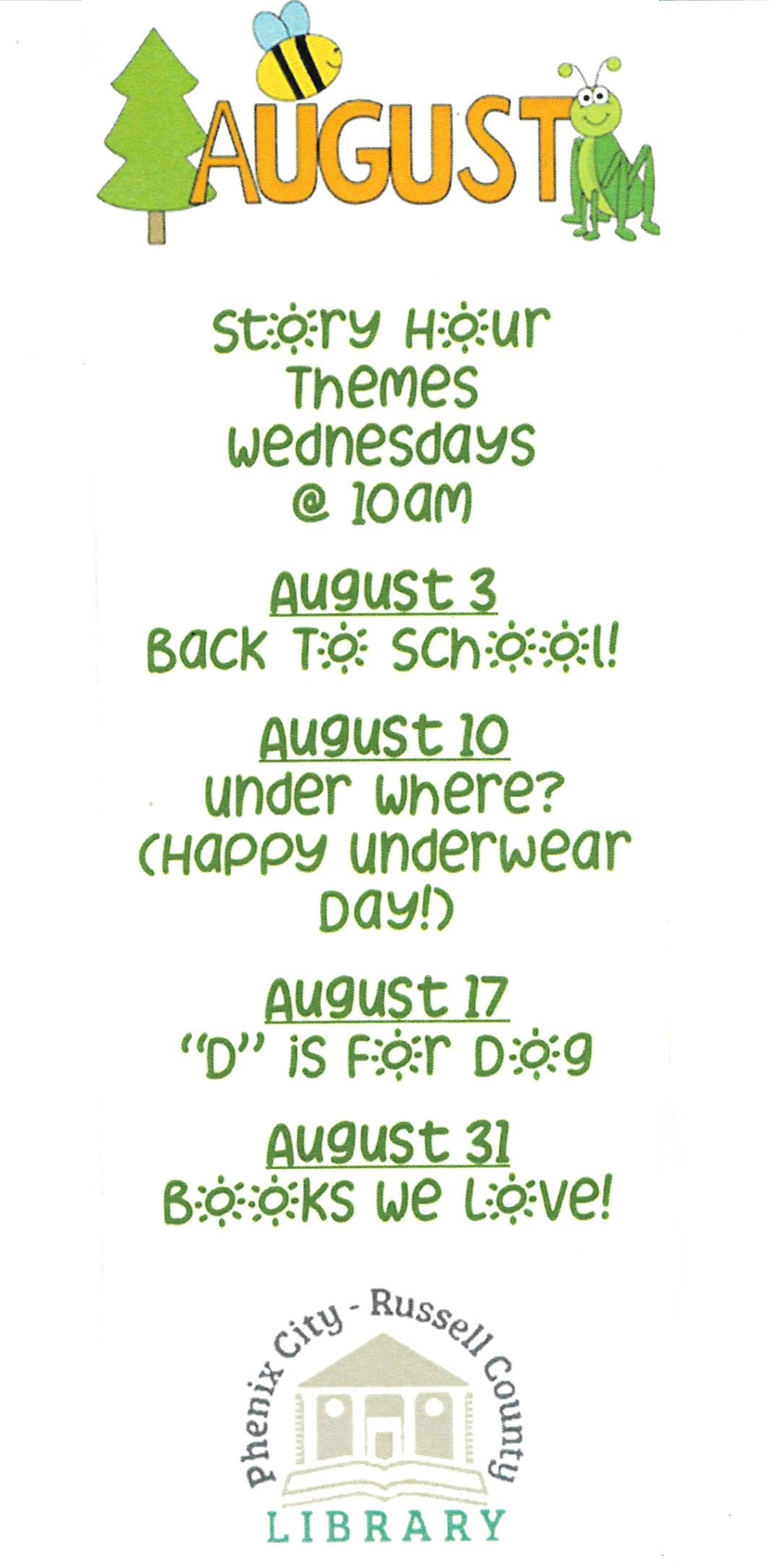 August Story Time Themes Phenix City Russell County Library